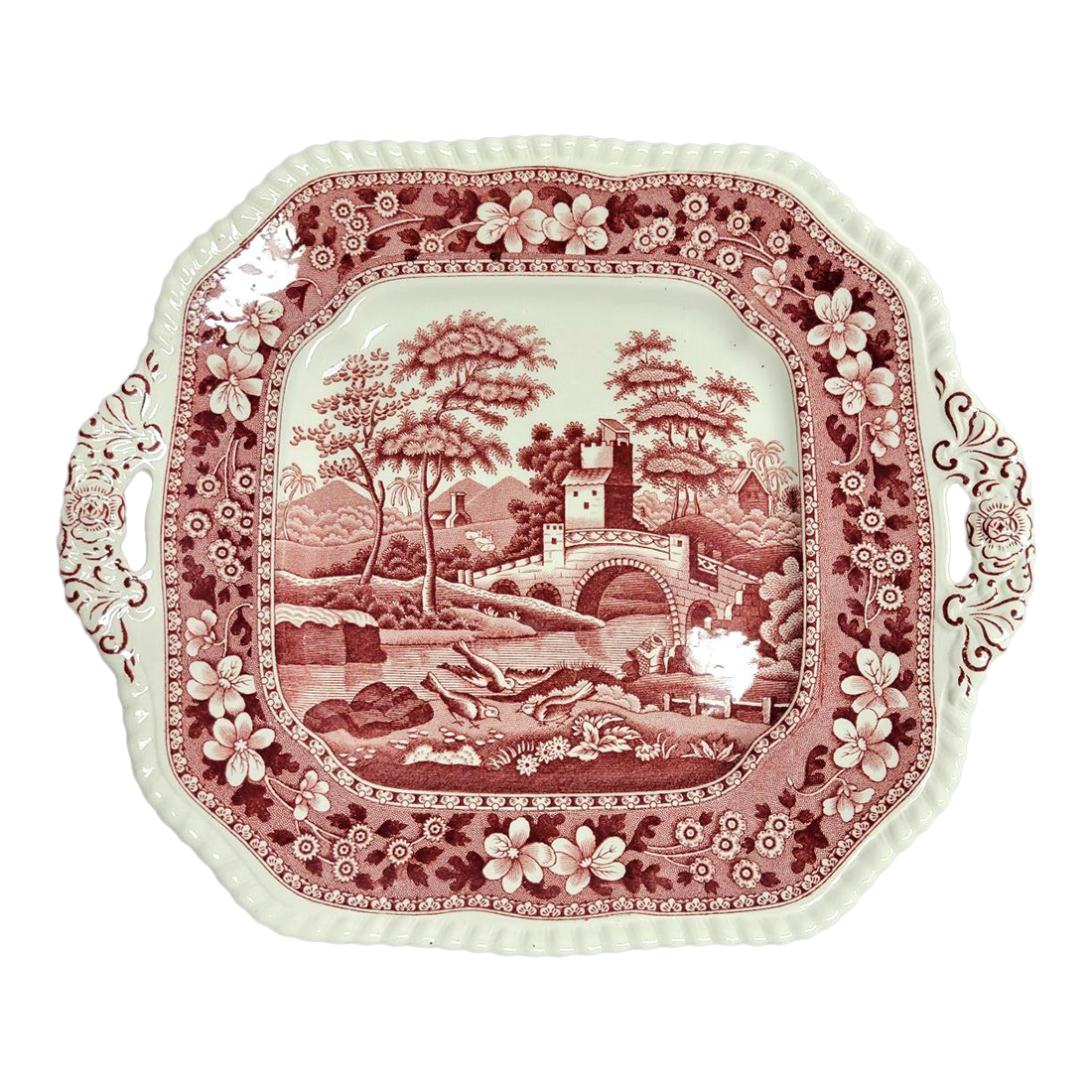 Antique Square Handled Spode Cake Plate Pink Tower | Chairish