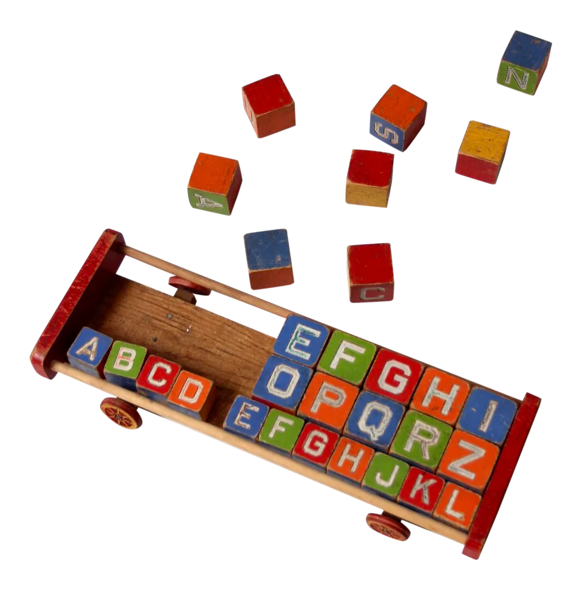 Vintage Halsam Push Toy Cart & Wooden Blocks | Chairish