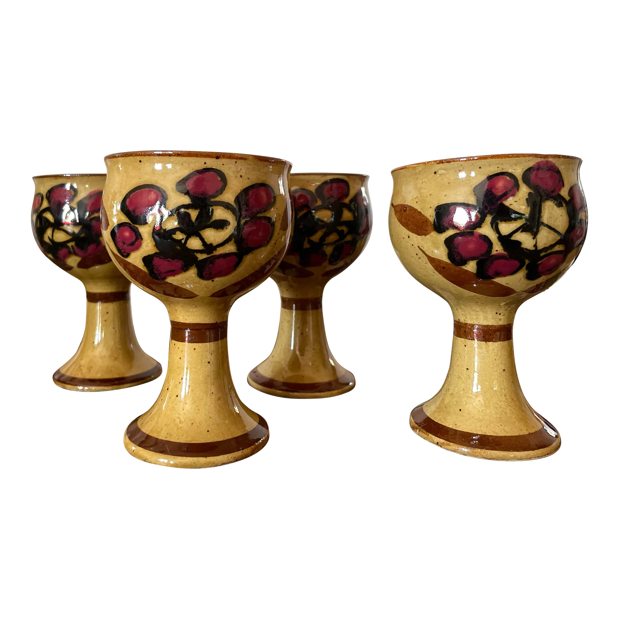 Mid-Century Stoneware Hand-Painted Wine Goblets- Set of 4 | Chairish