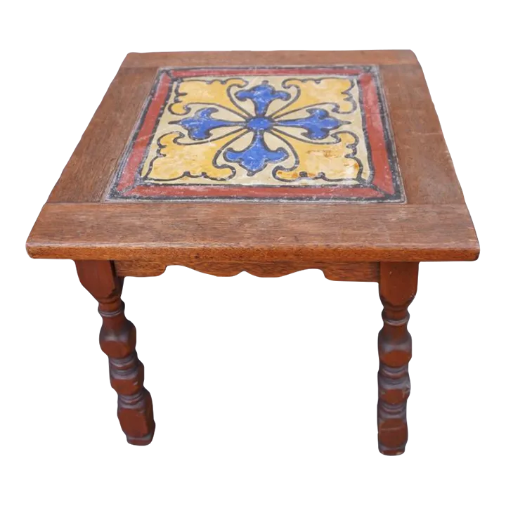 Single Antique Hand-Painted Terracotta Tile Set in Wooden Side-Table ...