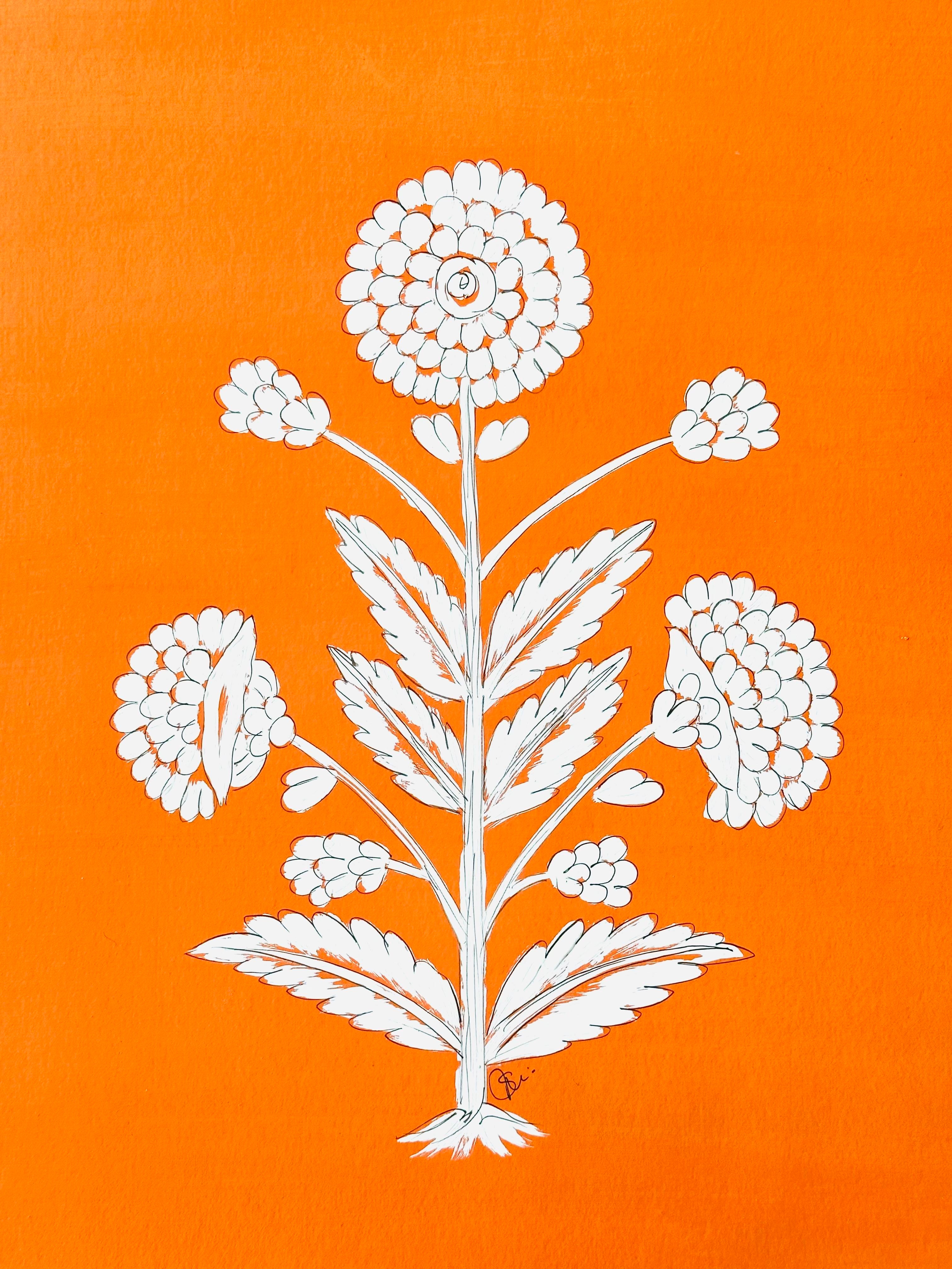 Hand-Painted Jaipuri Orange & White Floral Motif Painting | Chairish