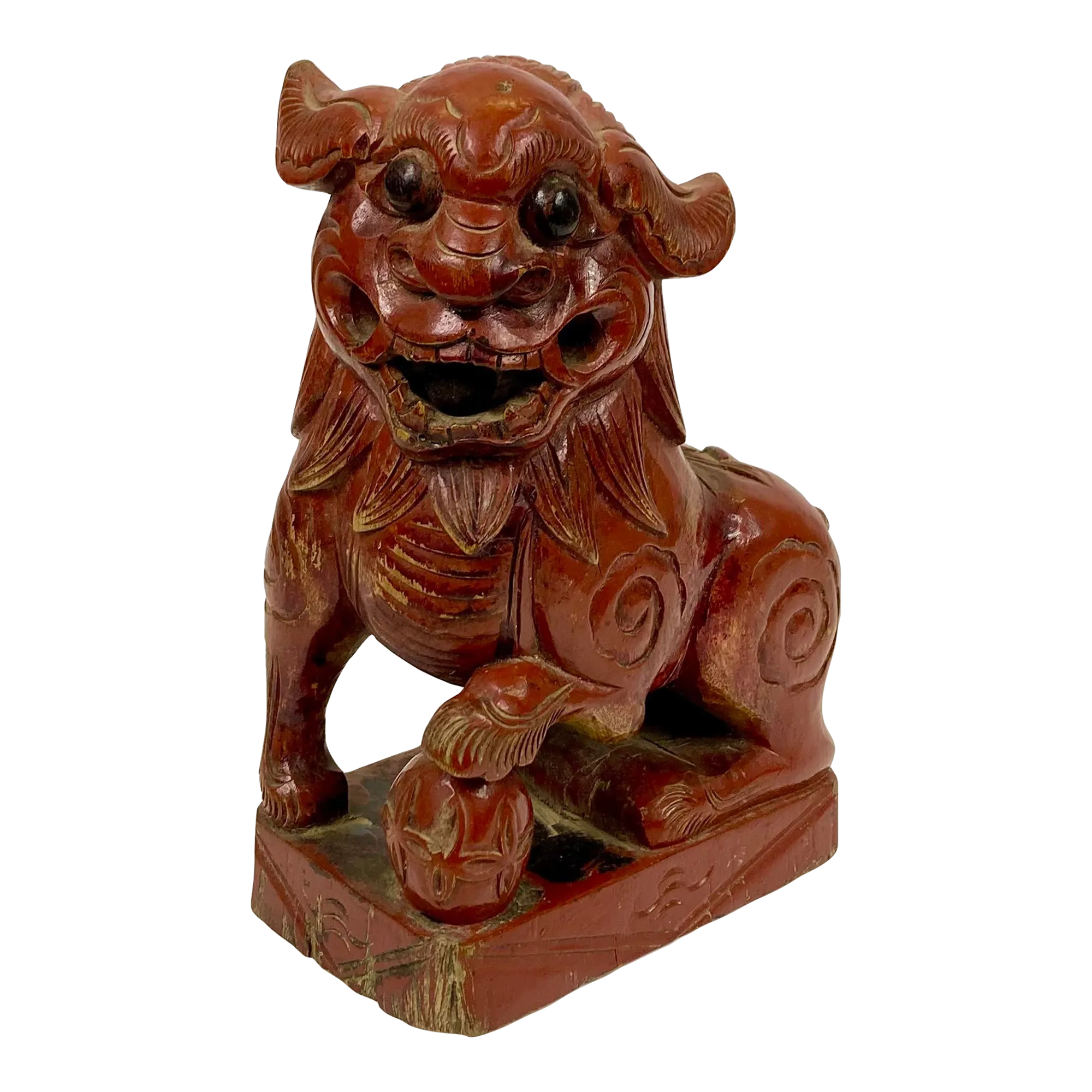 19th Century Chinese Red Lacquered Wooden Foo Dog | Chairish