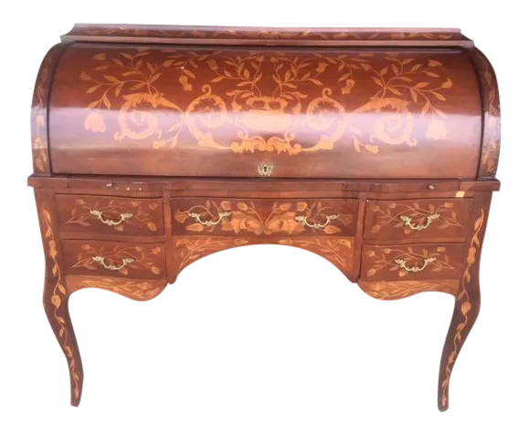 Vintage Dutch Inlaid Style Rolltop Desk | Chairish