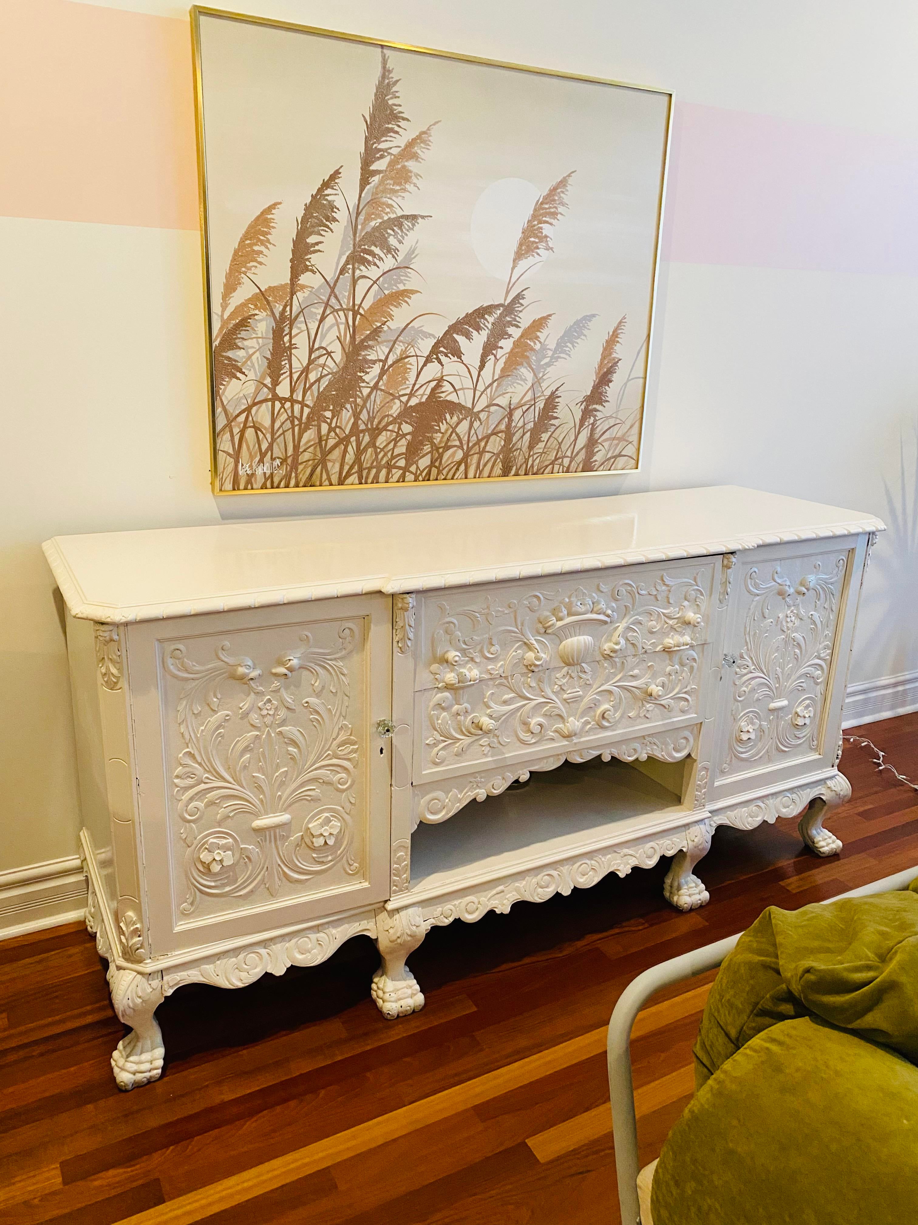 Vintage French Victorian Hand Carved Painted Buffet Cabinet Credenza
