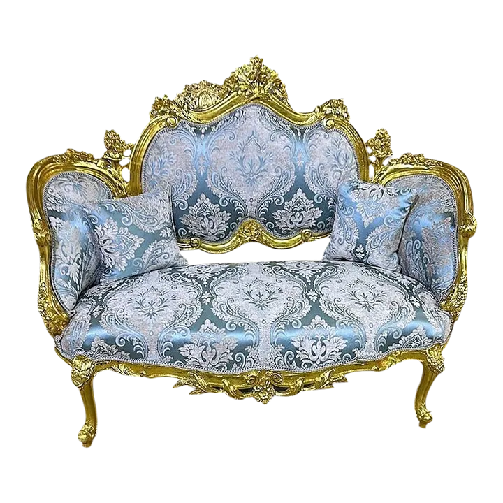 French Rococo Style Blue Tufted Sofa With Gold Details and Pillows ...