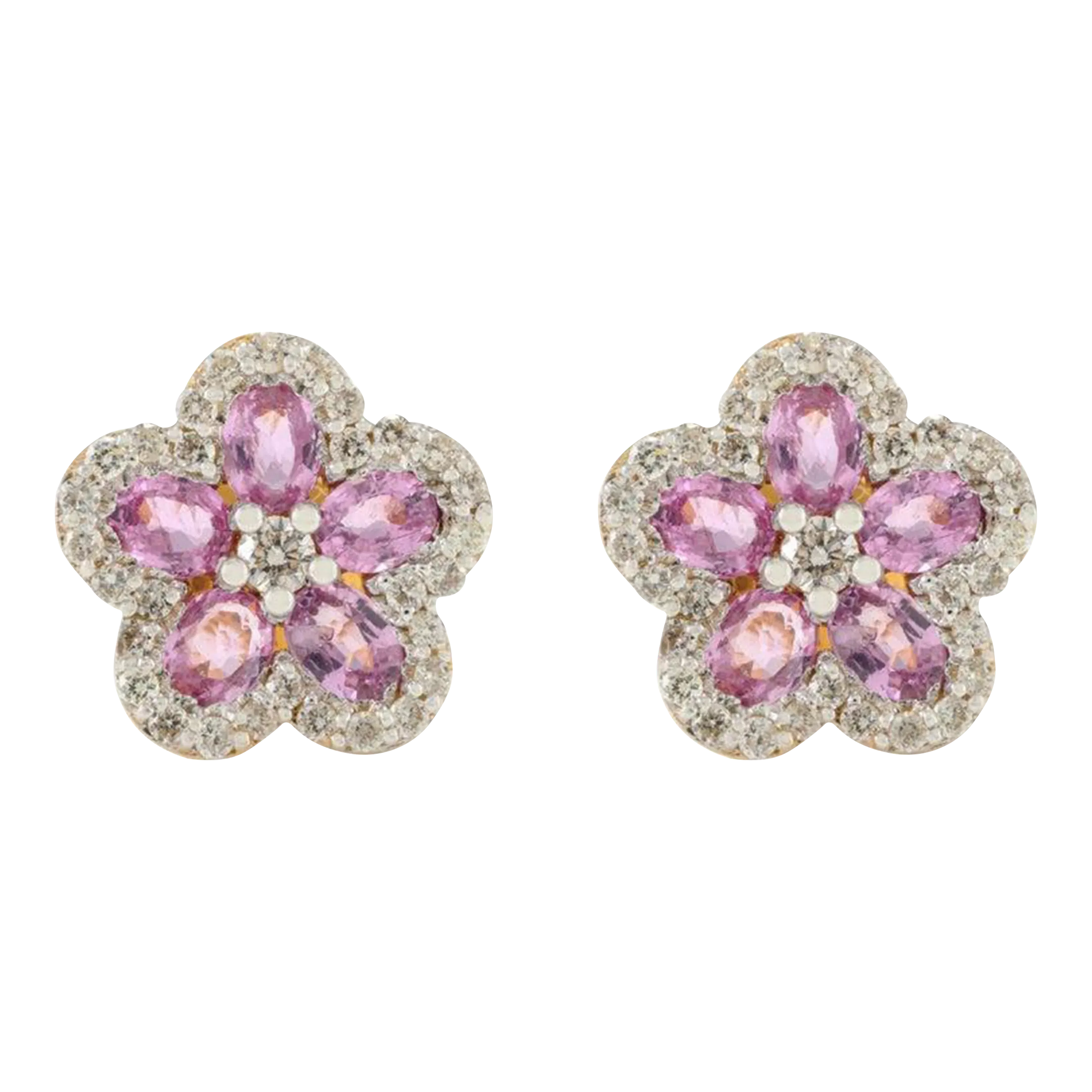 Cherry Blossom Pink Sapphire Diamond Flower Stud Earrings - a Pair | Chairish