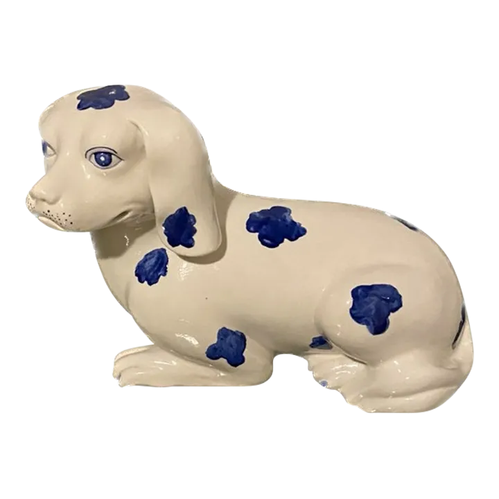 Late 20th Century Maitland Smith White and Blue Ceramic Dog | Chairish