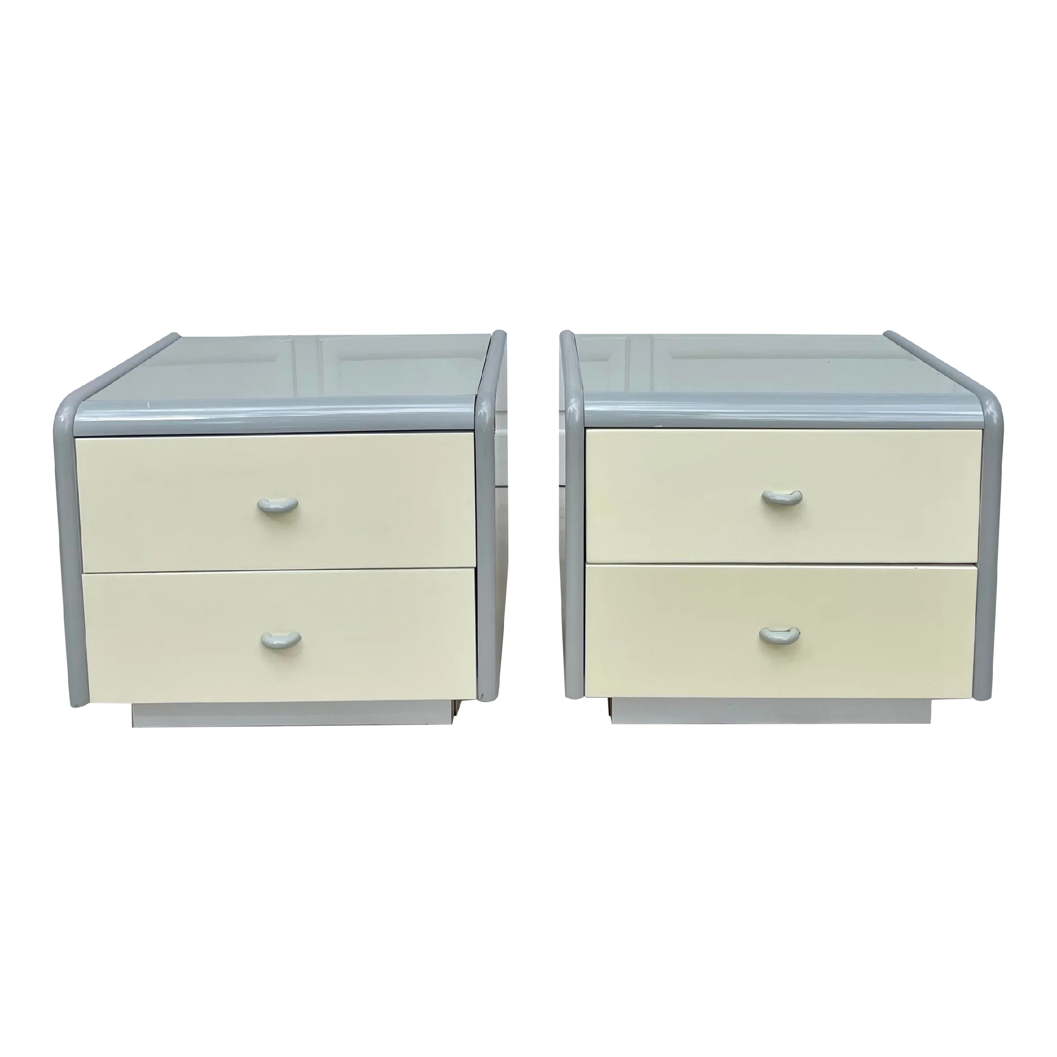 1980's Postmodern Gray and Cream Laminate Pair of NIghtstands | Chairish
