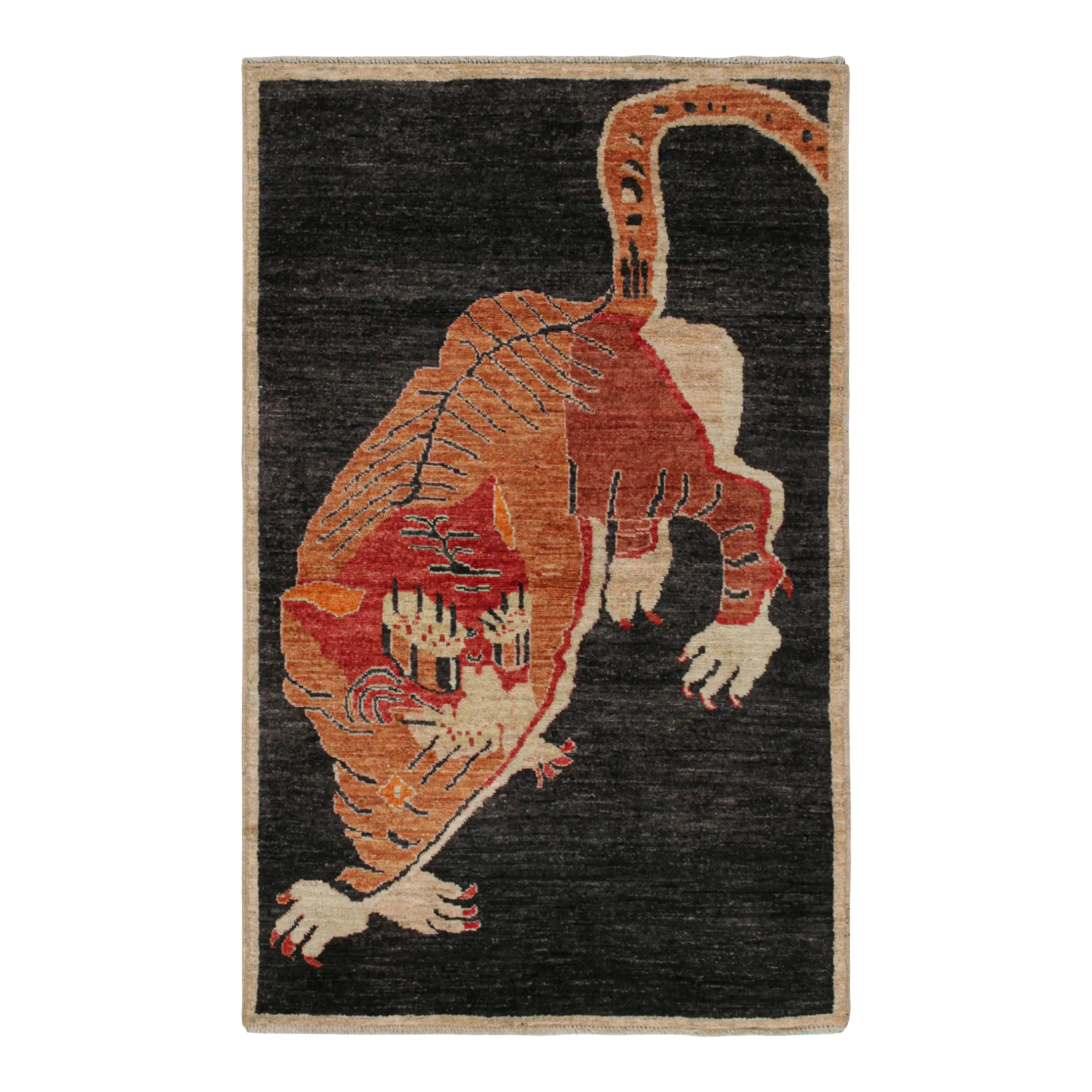 Rug & Kilim’s Tiger-Skin Rug in Black With Red-Orange Pictorial | Chairish