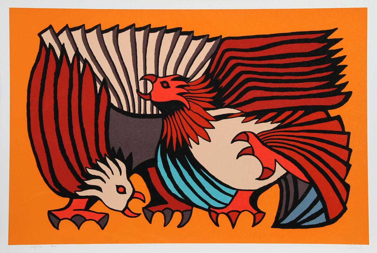Victor Delfin, "Orange Fighting Cocks," Serigraph | Chairish