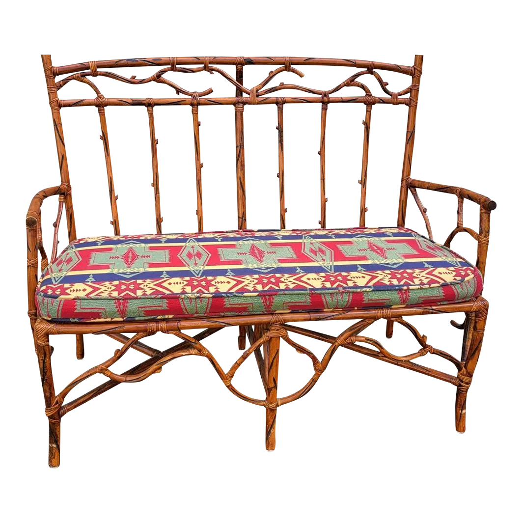 20th C Rattan "Tree Branch" Style Settee Bench With Cushion | Chairish