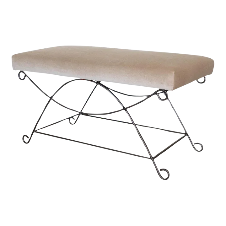 Iron Loop Bench, Brown Mohair | Chairish