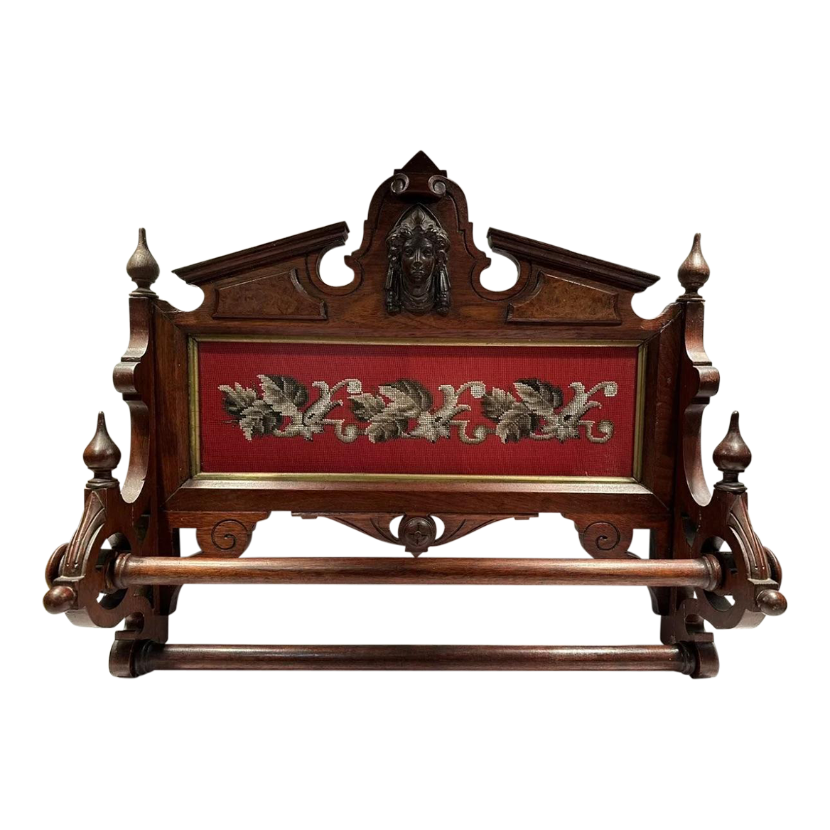 19th Century Victorian Eastlake Wall Mount Towel Rack With Needlepoint ...
