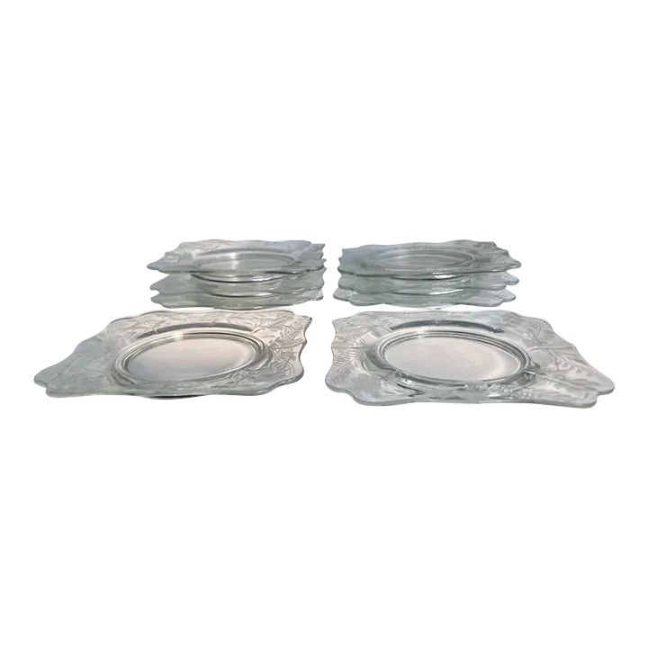 Set of 8 Clear Floral Etched Small Square Scalloped Glass Plates, 1930 ...