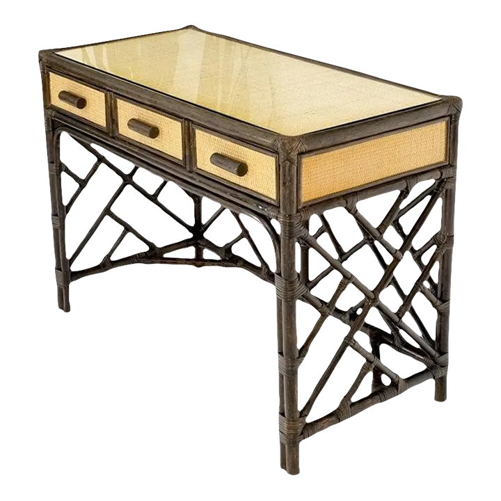 Three Drawer Cane & Reed Faux Bamboo Compact Desk Writing Table w ...