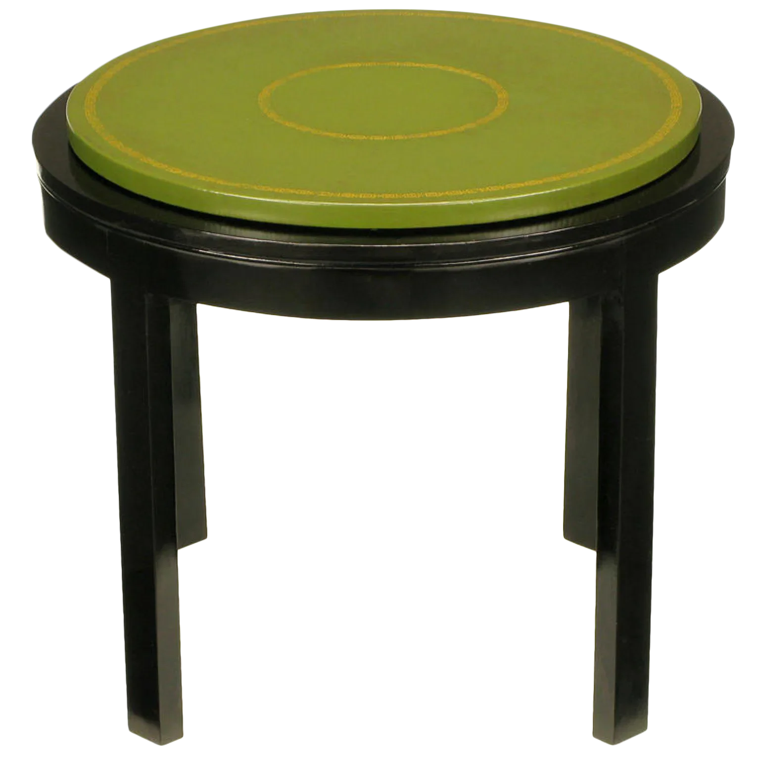 Round Ebonized and Tooled Green Leather Top End Table | Chairish