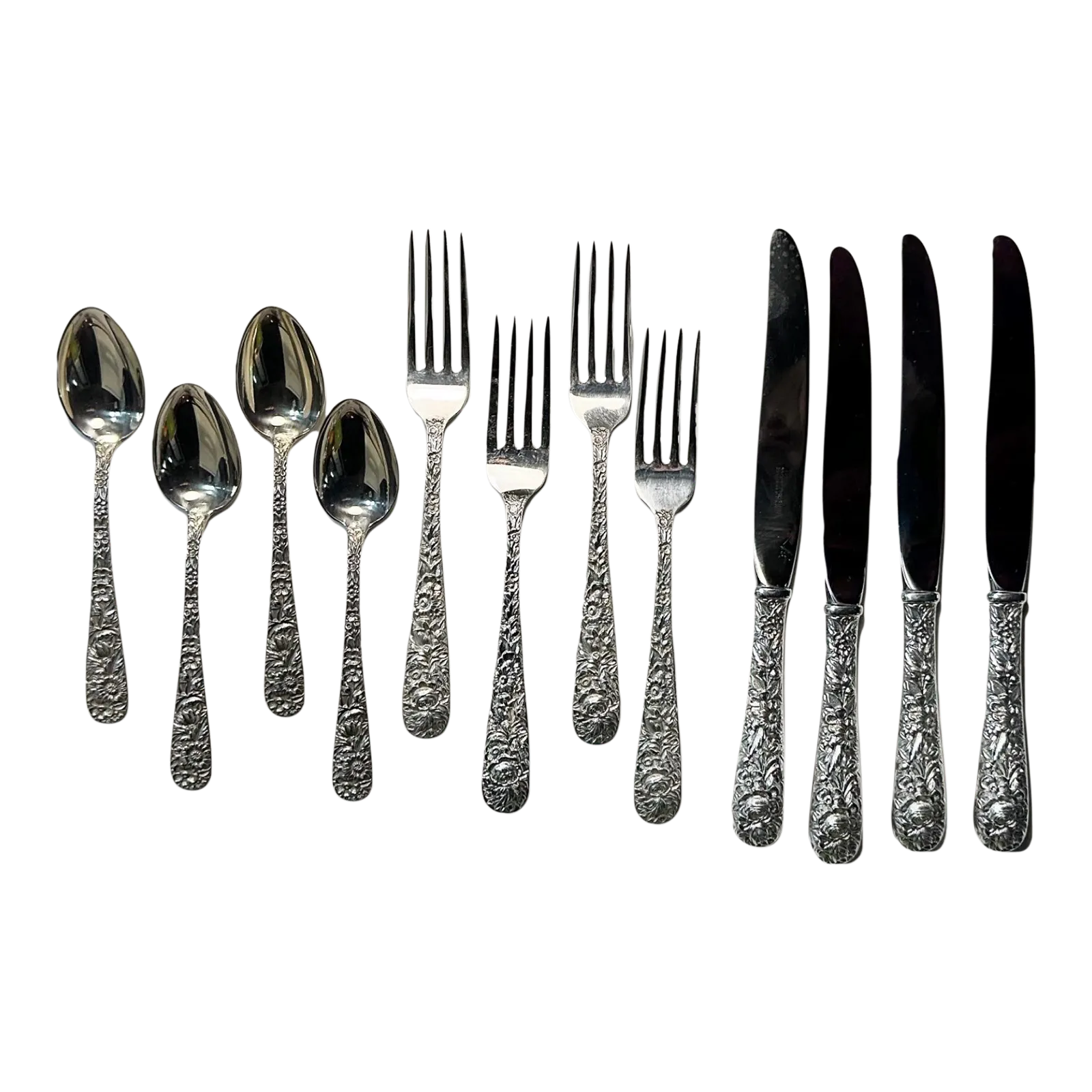 12 Piece Set of Kirk & Son Sterling Silver Repousse Pattern Luncheon ...