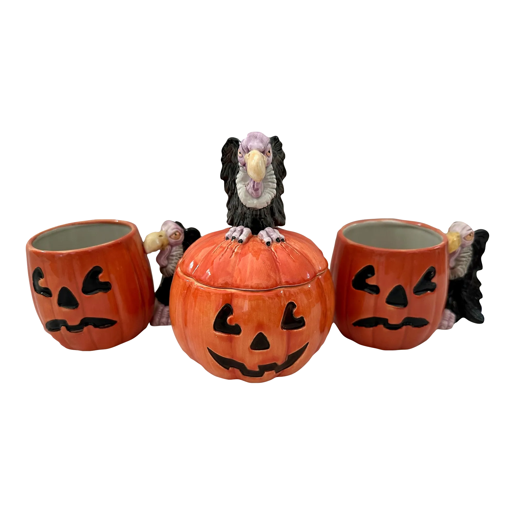 Fitz & Floyd Jack-O-Lantern/Vulture Mugs W/Sugar Dish-A Set | Chairish