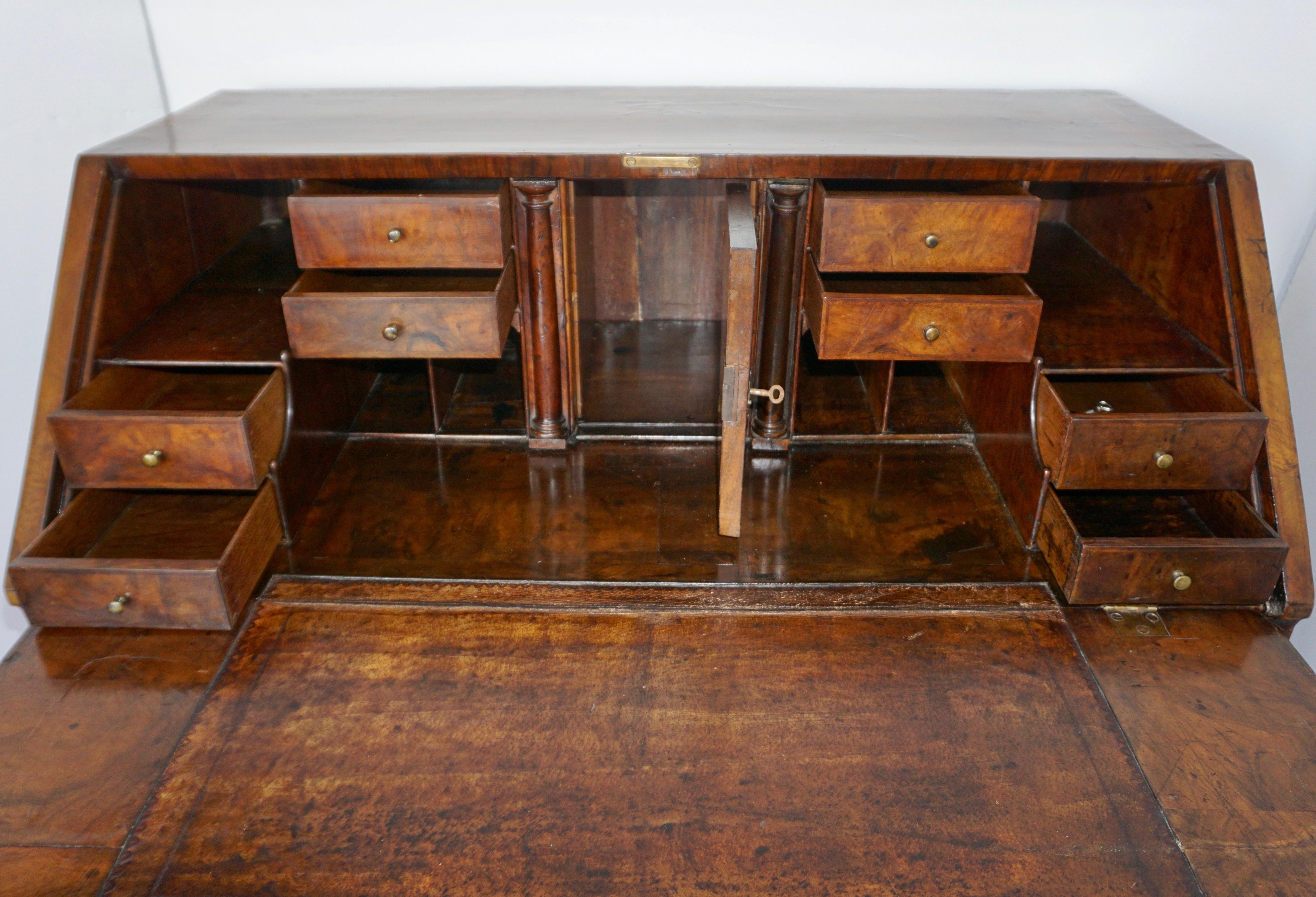 Early 18th Century English Walnut Veneered Stepped Interior Georgian Bureau Desk
