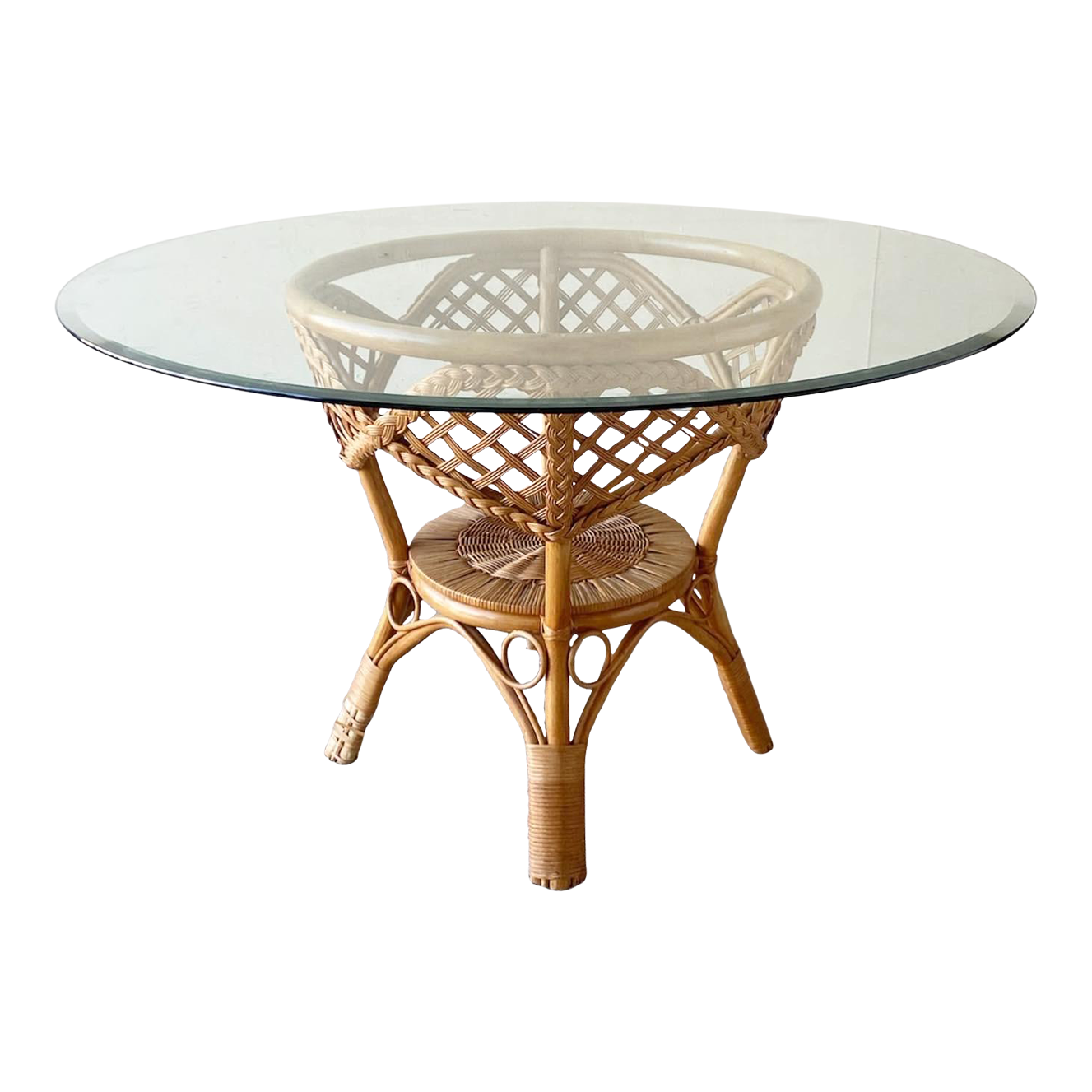 1980s Boho Chic Rattan And Woven Wicker Circular Glass Top Dining Table Chairish