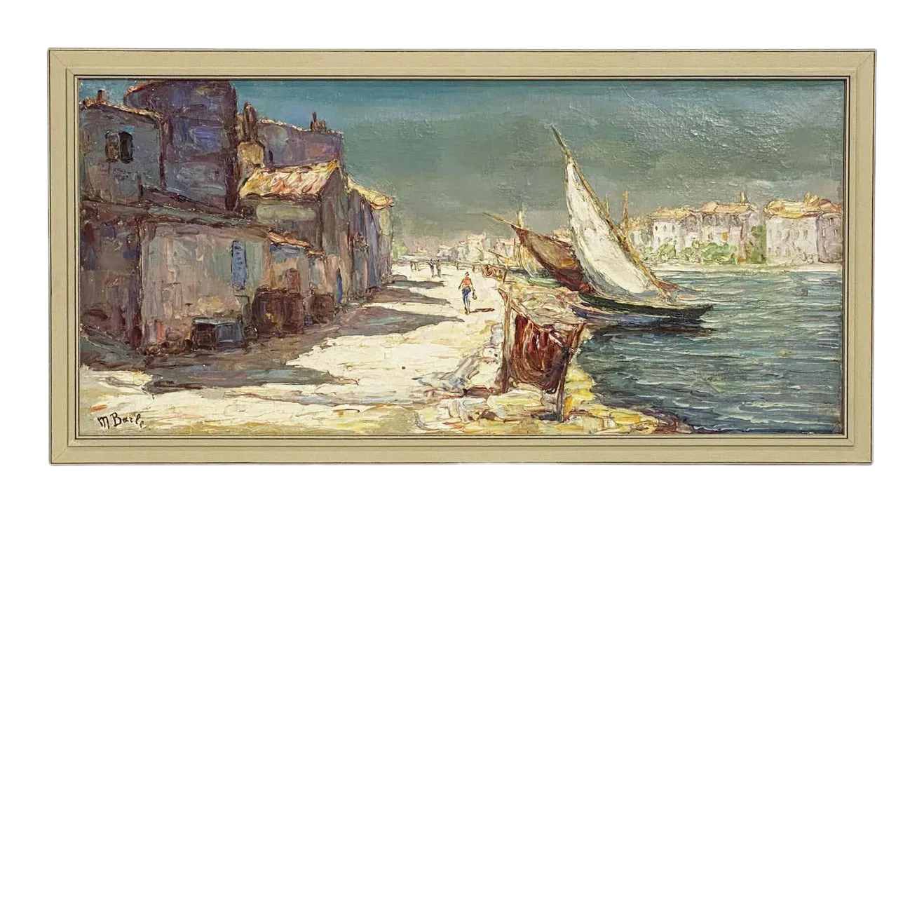 French Framed Oil Painting of Seaside Village by Maurice Barle | Chairish