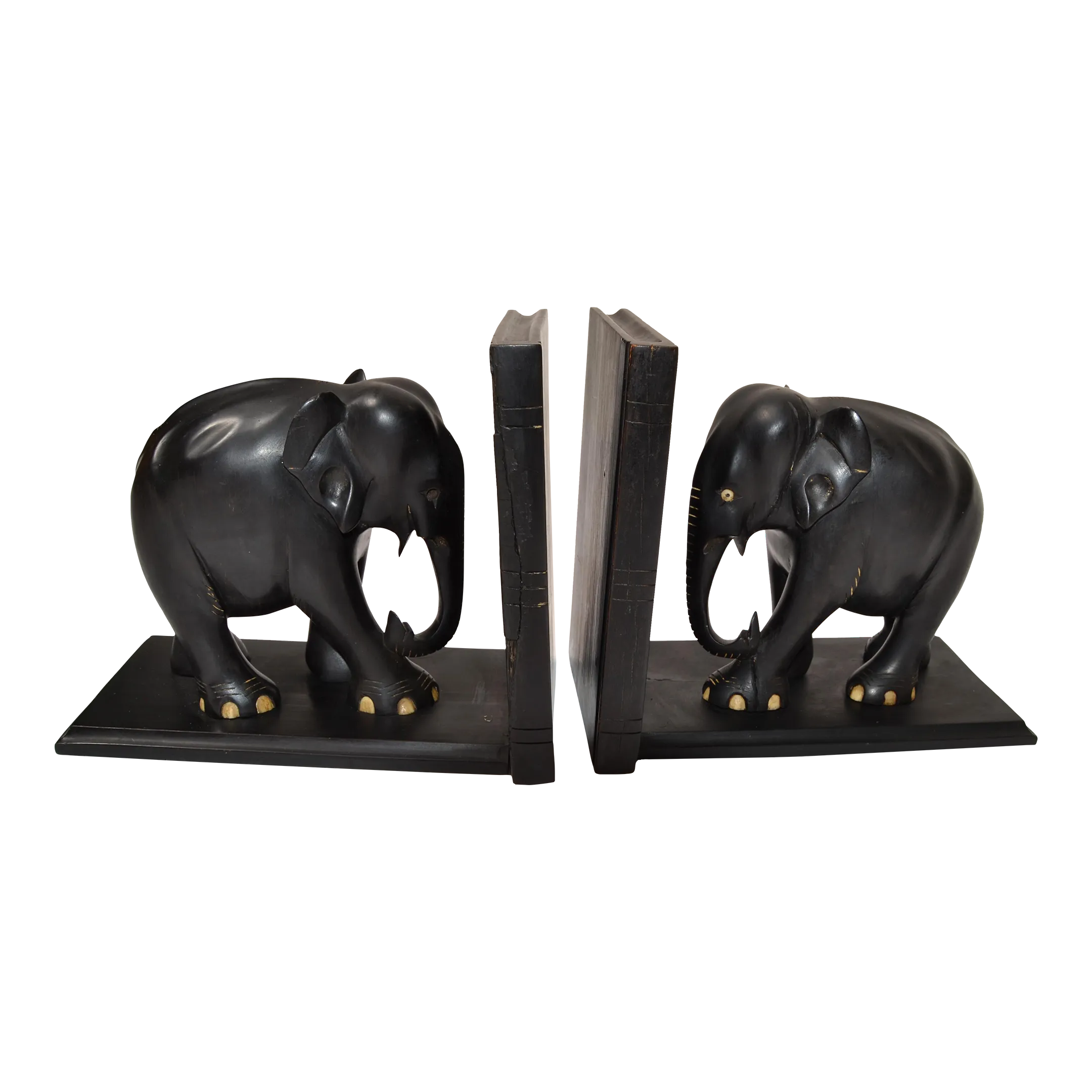 Early 20th Century Black Ebony Hand Carved Wood Bone Elephant Bookends ...