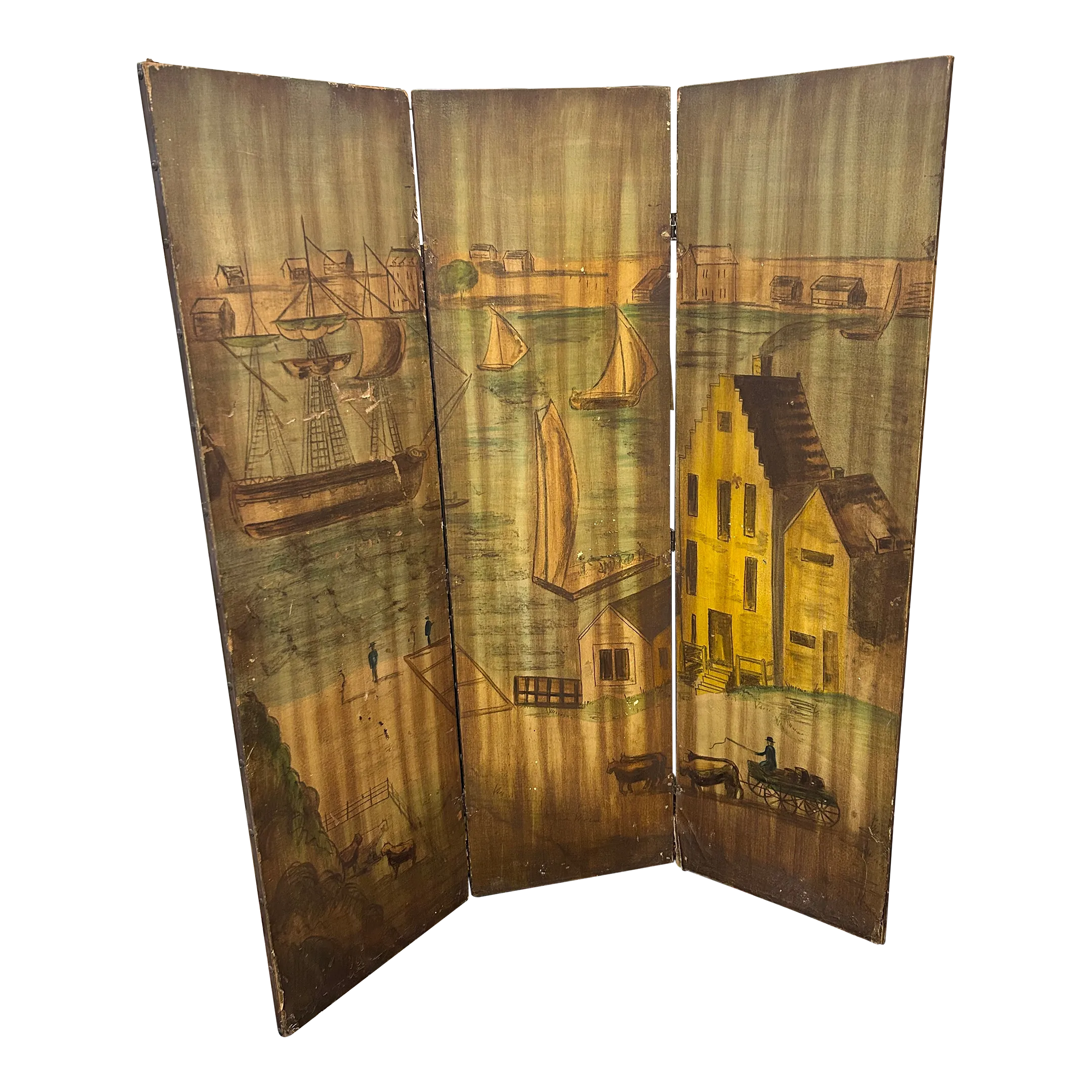 Antique Hand-Painted Folk Art Room Divider Partition 3-Panel Screen ...