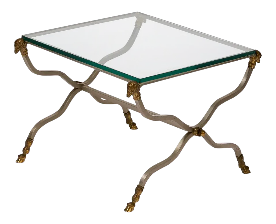 1970s Hollywood Regency Brass, Steel, and Glass X-Form Side Table ...