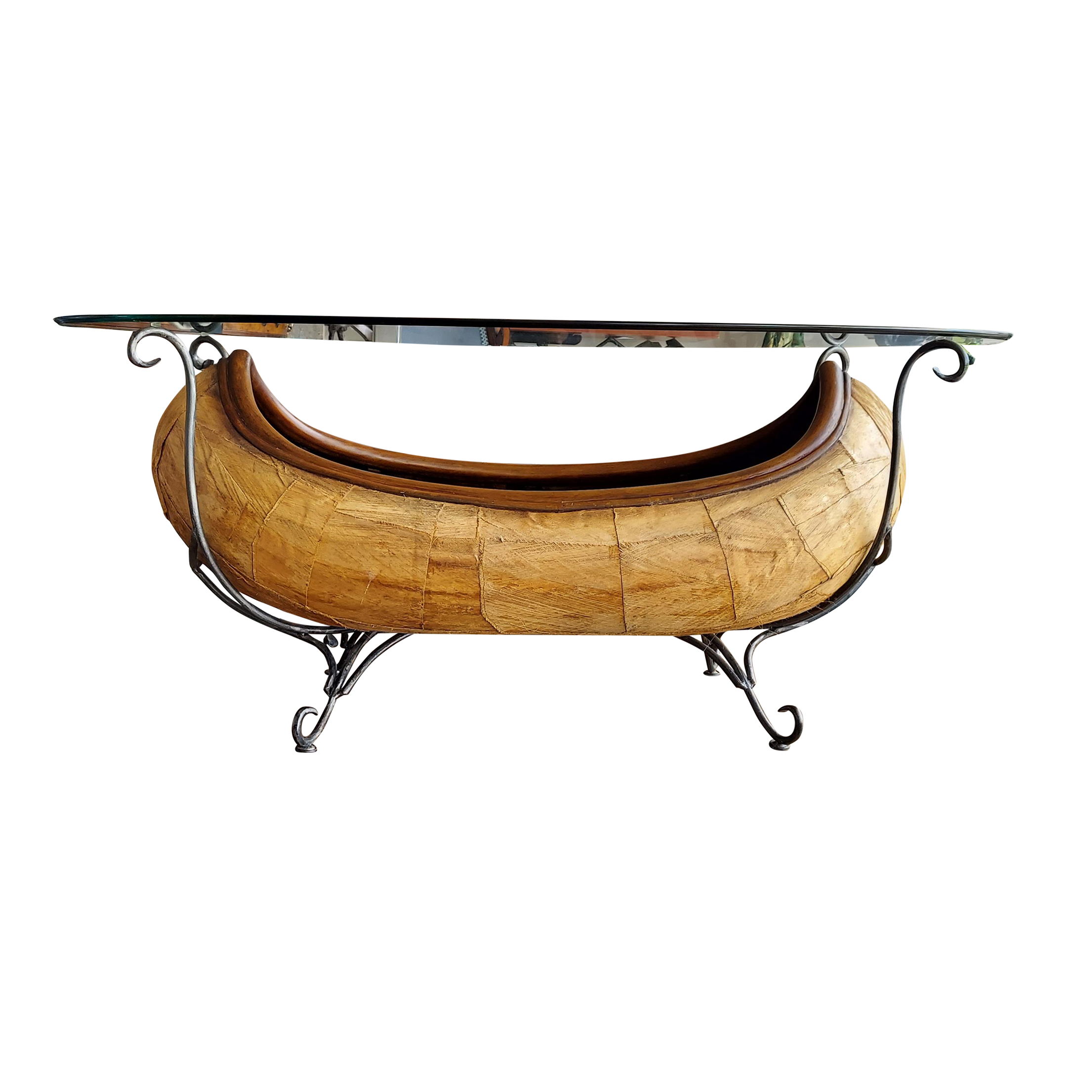 1970s Vintage Wrought Iron, Wood and Glass Canoe Coffee Table | Chairish