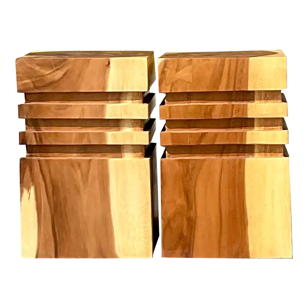 Vintage Boho Carved Wooden Low Stools - a Pair | Chairish