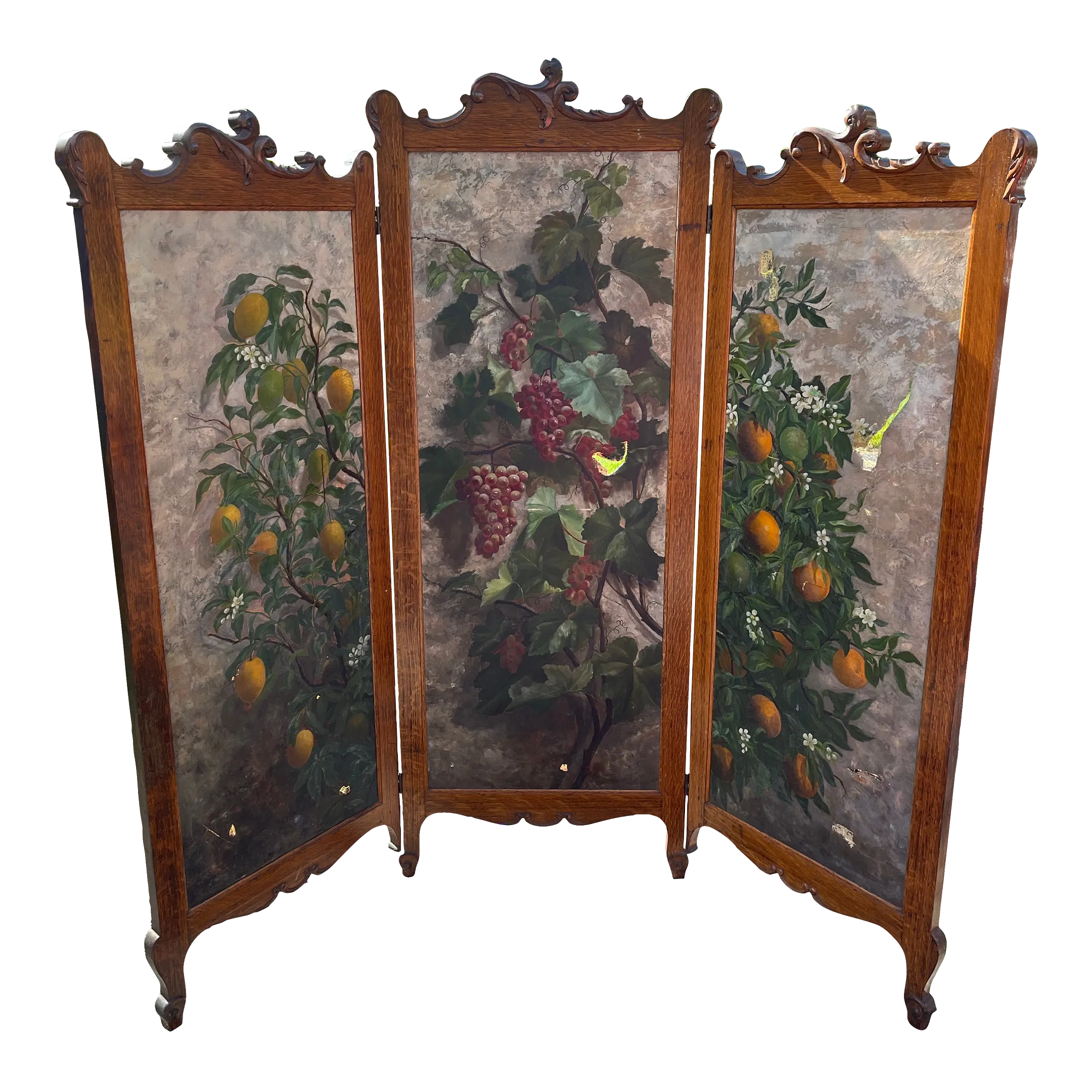 Antique Oak Hand-Painted 3-Panel Screen | Chairish
