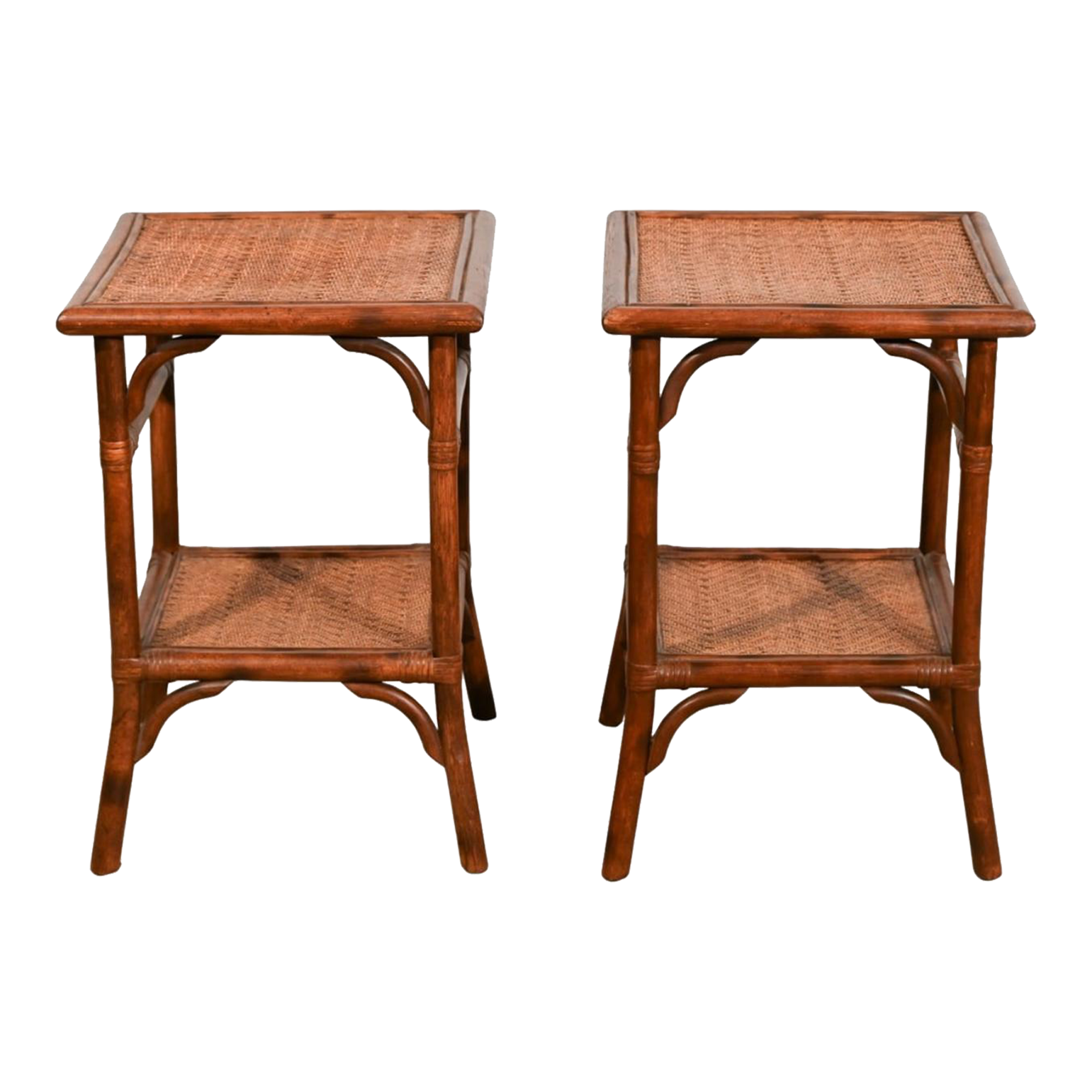 Pair Bamboo & Rattan Two Tier Side Tables | Chairish