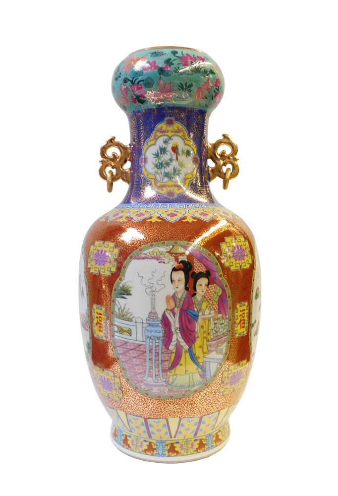 Red Multi-Color People Scenery Round Vase | Chairish