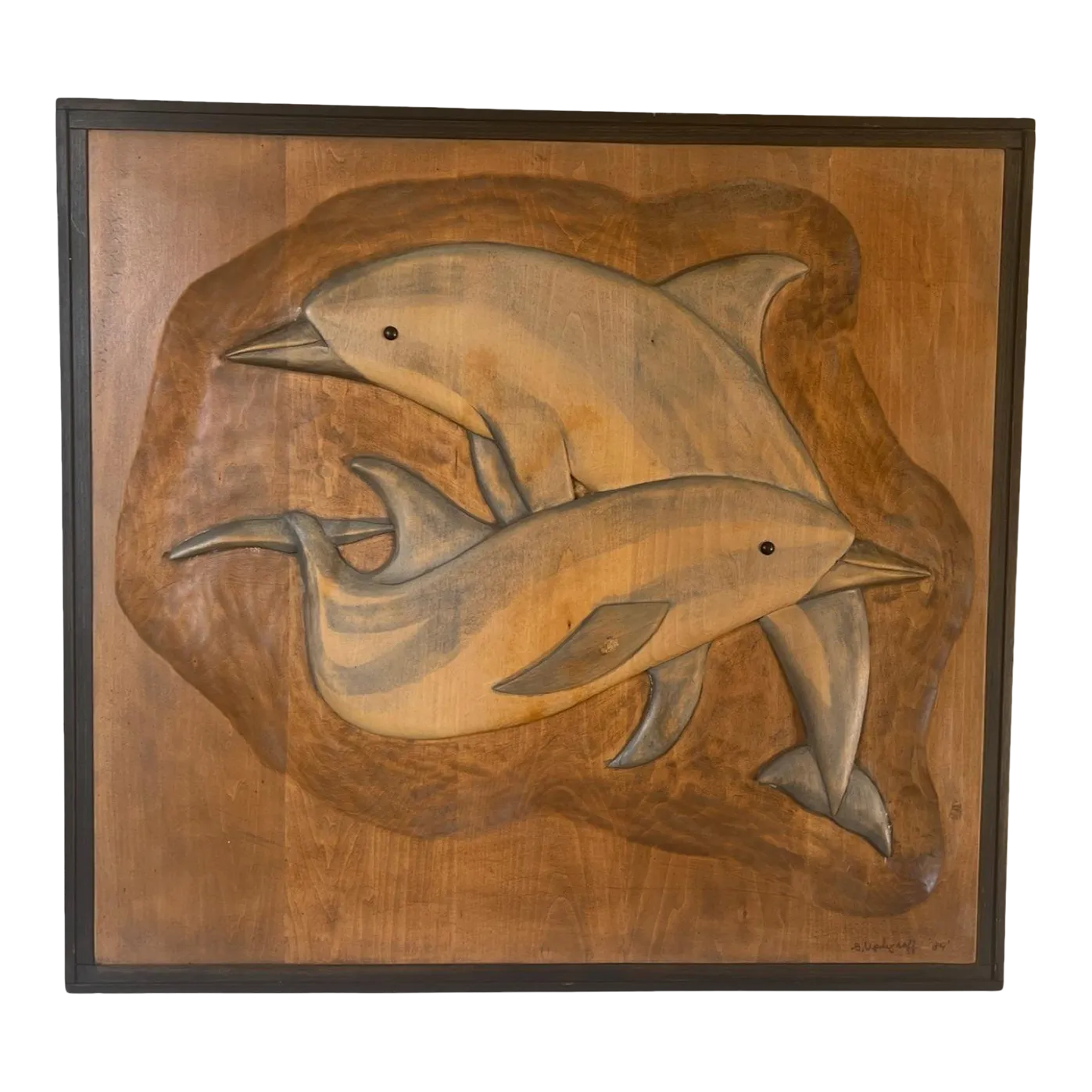 Vintage Postmodern 1984 George Updegraff Wood Carving Wall Art Signed Dolphins Sculpture | Chairish