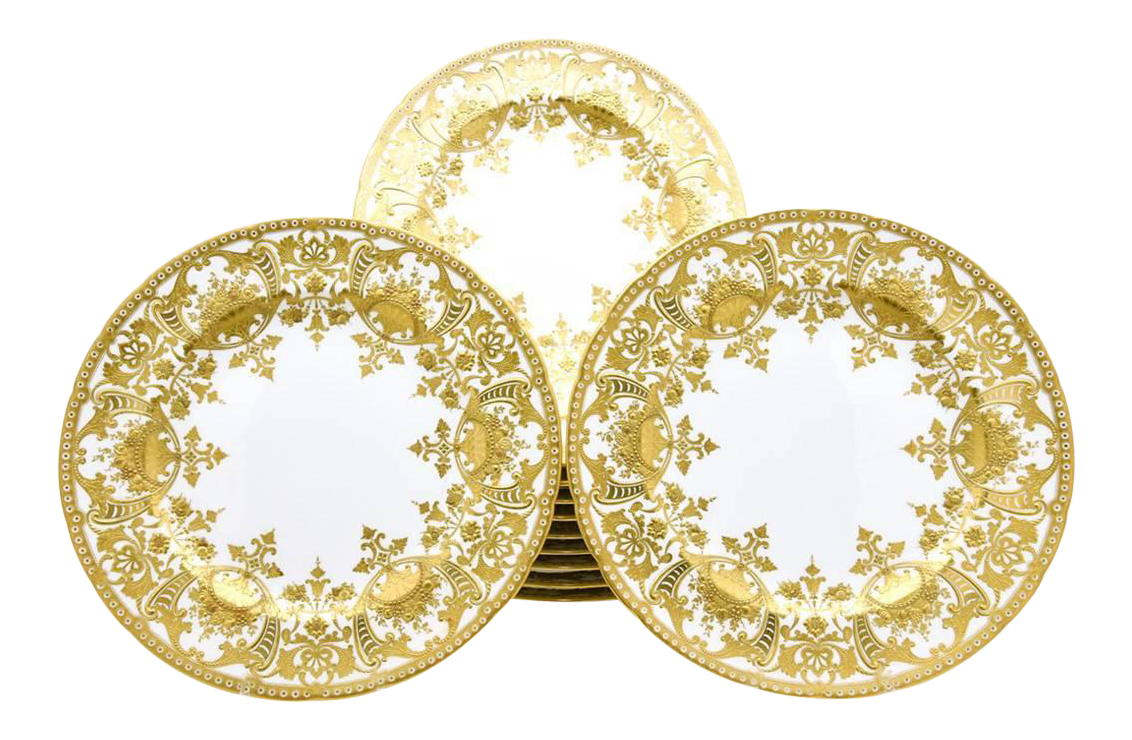 12 Royal Crown Derby Neoclassical Dinner Plates with Profuse Raised ...