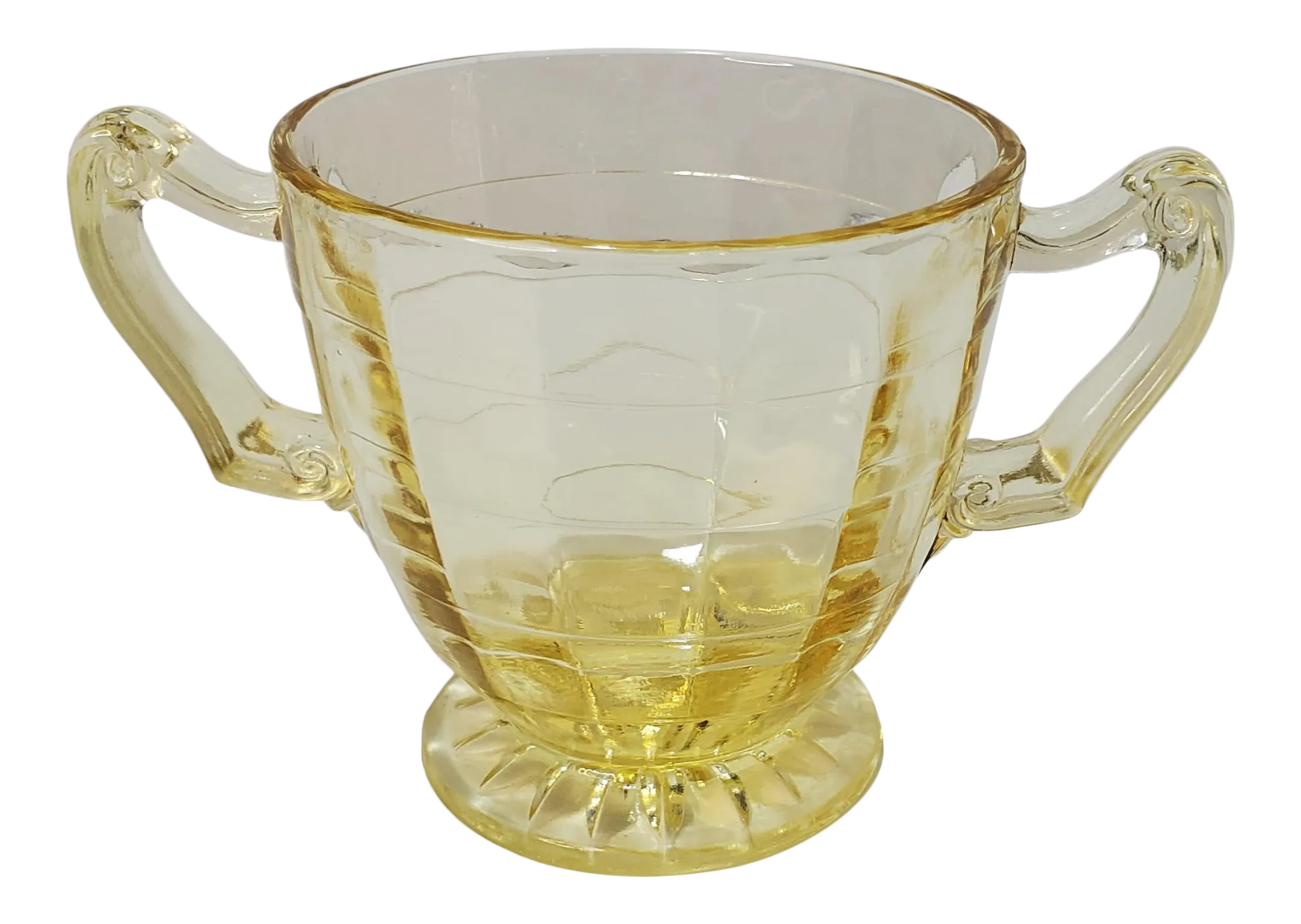 1930s Anchor Hocking Block Optic Vaseline Glass Double Handle Open ...