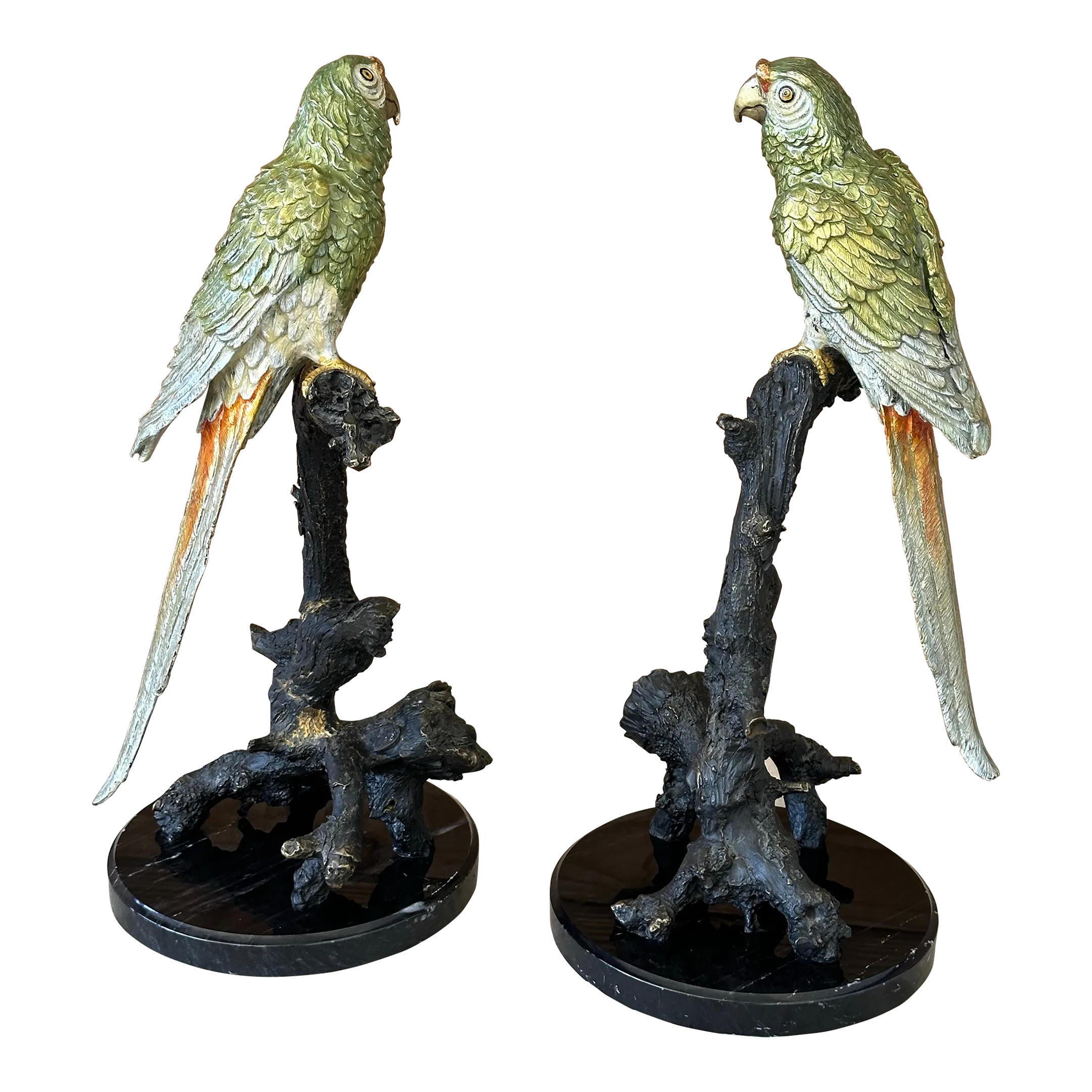 Late 20th Century Coastal Tropical Bronze Hand Painted Parrot Statues ...