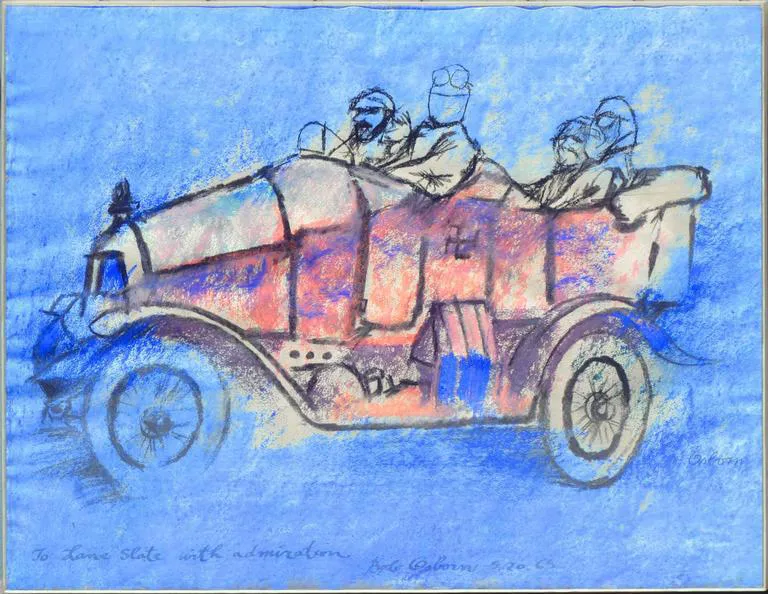 1960s "Dilbert in a Touring Car" Abstract Figurative Crayon Drawing ...