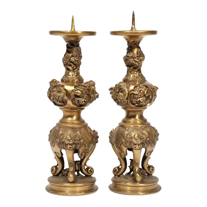 Late 19th Century Qing Dynasty Chinese Bronze Altar Candlesticks- a ...