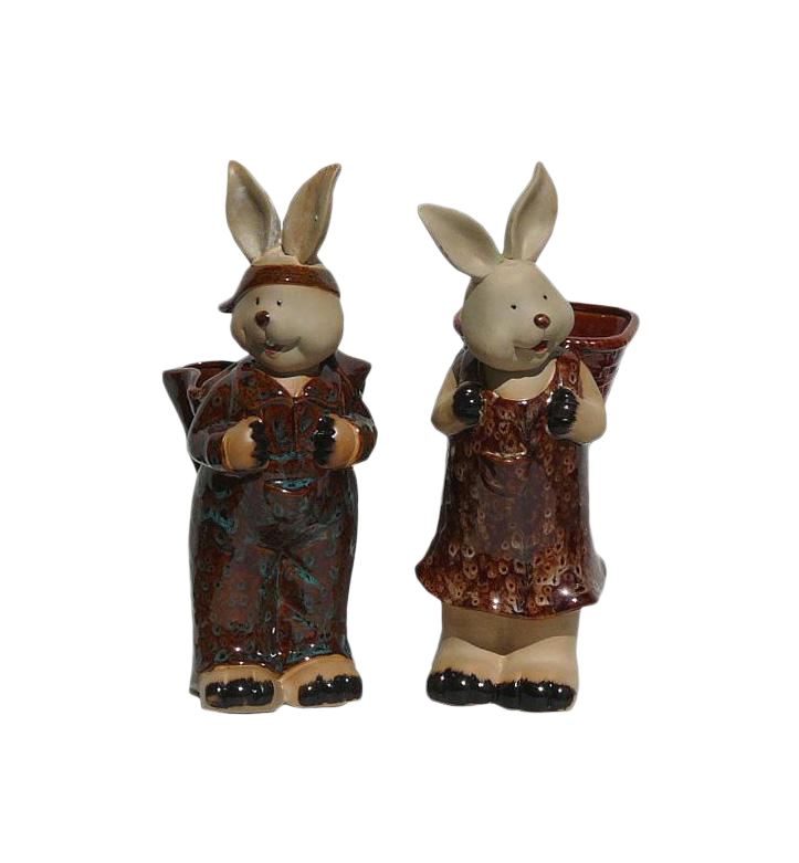 Handmade Ceramic Rabbit With Basket Figures - A Pair | Chairish