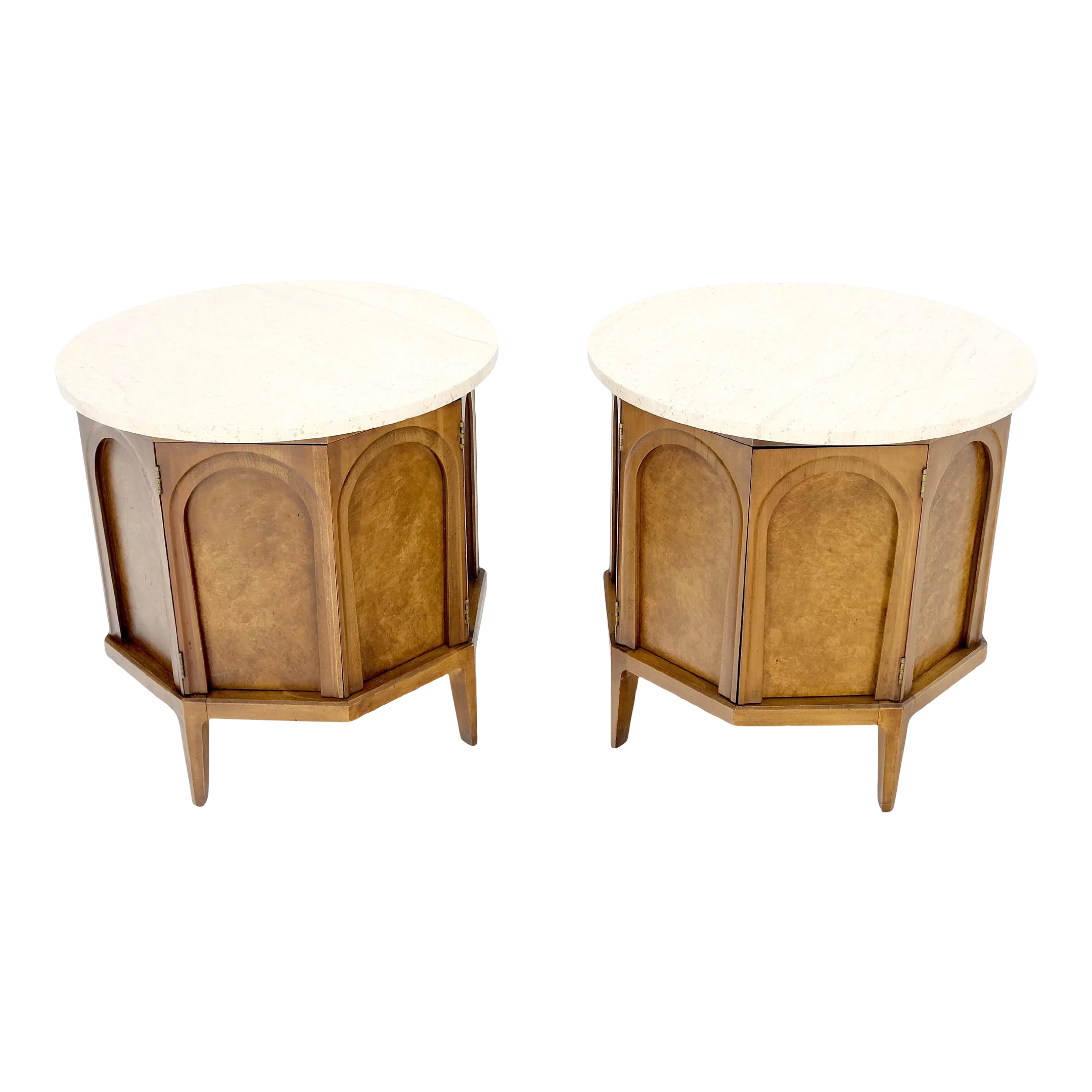 Travertine Top Round Drum Shape Two Doors End Side Tables Night Stands ...