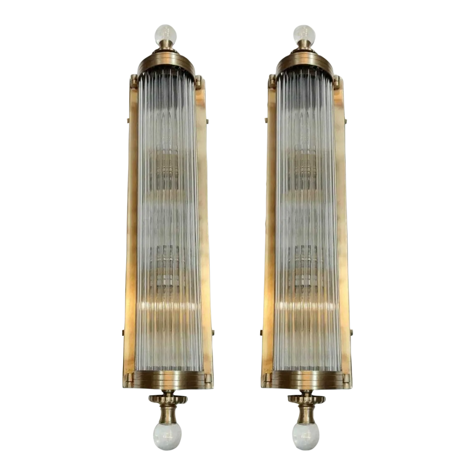 Large 1940s Pair Skyscraper Art Deco Lamp Wall Sconces Fixture In Brass