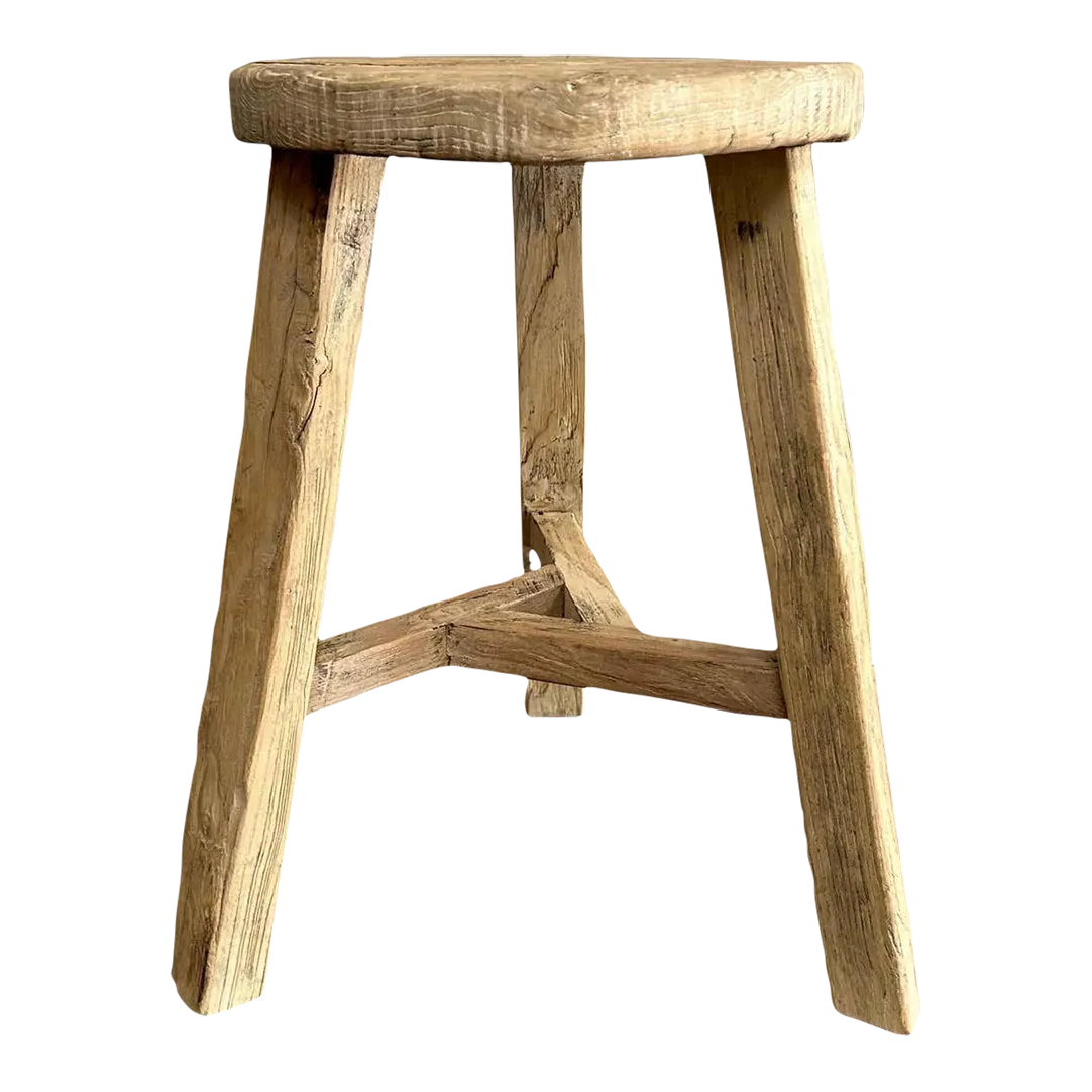 Vintage Reclaimed Elm Wood Round Stool | Chairish