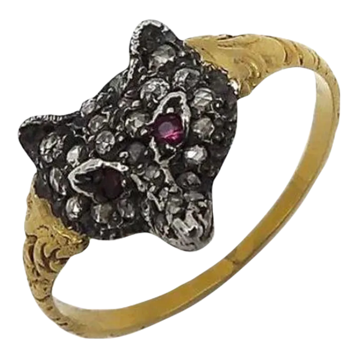 Vintage 14k Gold Pave Diamond and Ruby Fox Head Ring Size 8.5 | Chairish