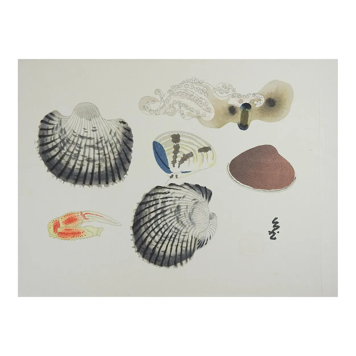 Mid 20th Century Japanese Mingei Folk Art Stencil Shells Octopus Print ...