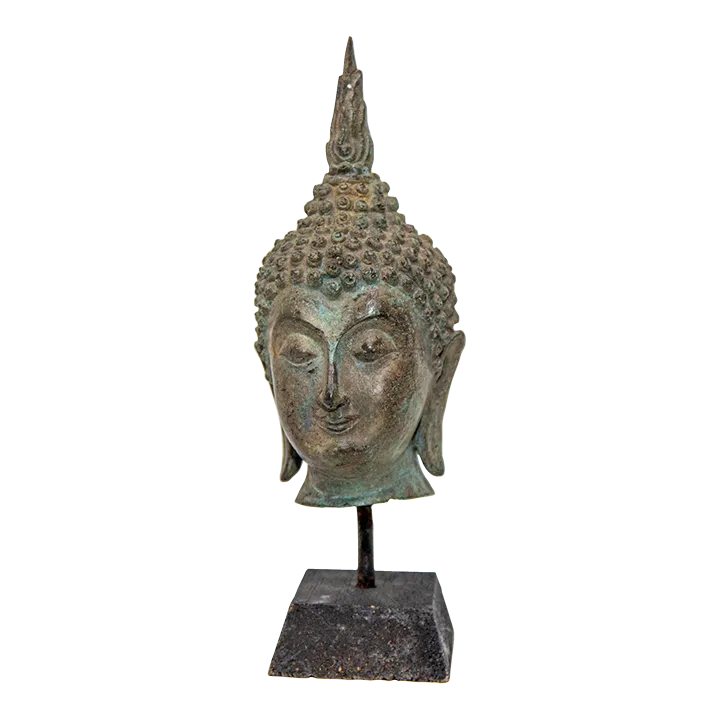 Small Antique Bronze Buddha Head Sculpture With Verdigris on Stand ...