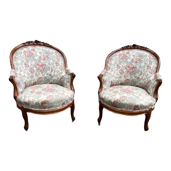 Antique Pair Victorian Rococo Style Walnut Carved Upholstered Armchairs ...