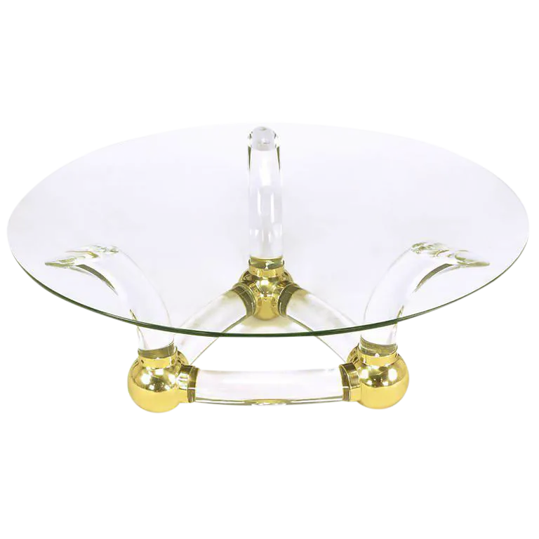 Round Coffee Table With Thick Curved Lucite & Brass Ball Base | Chairish