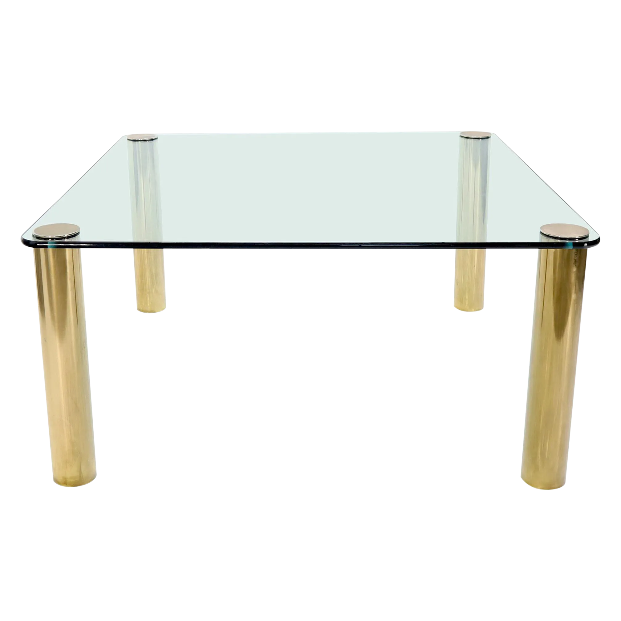 Large Square Thick Glass Top Dining Table on Brass Cylinder Legs | Chairish