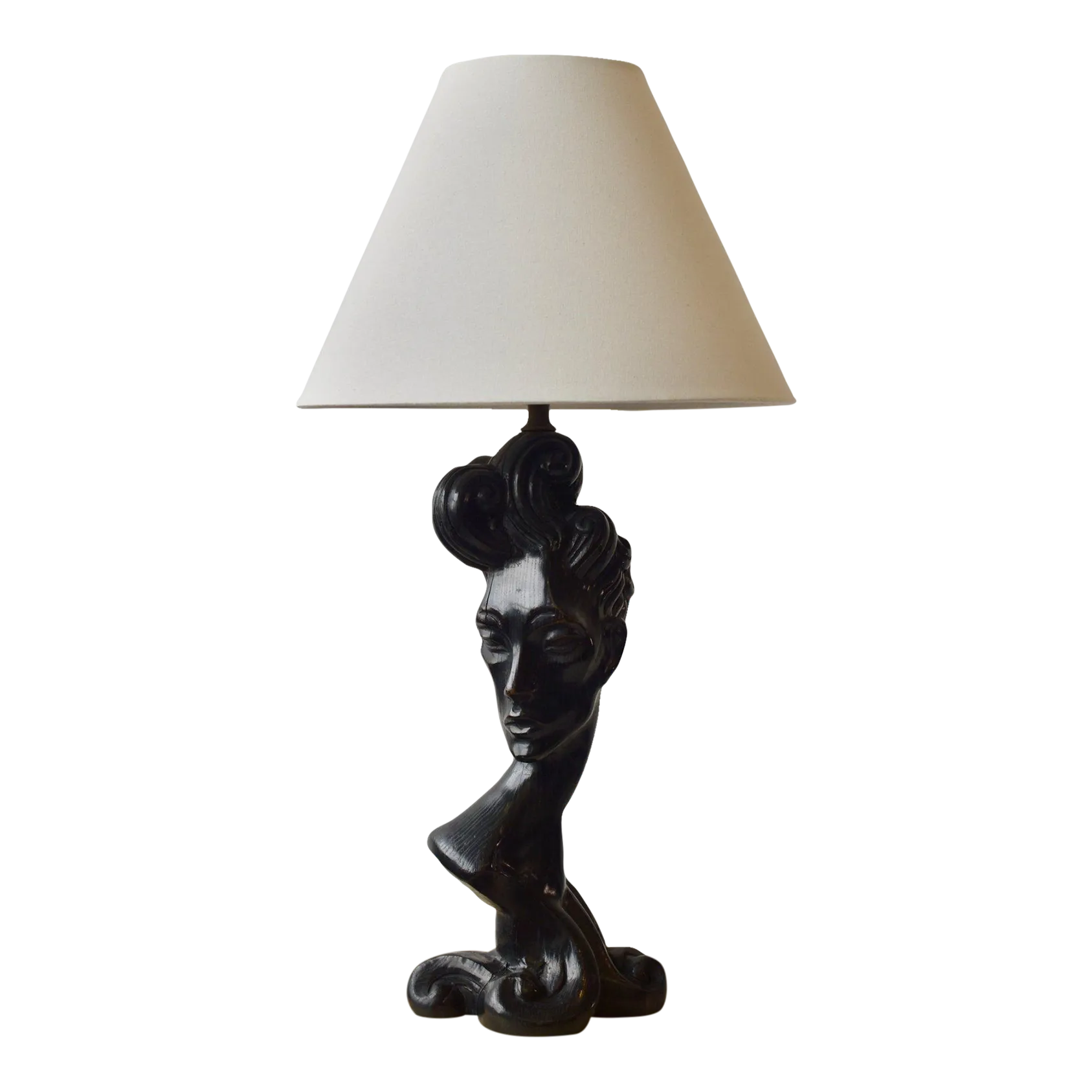 Vintage Rare Stylized Hand-Carved Oak Female Bust Lamp, Circa 1950s ...